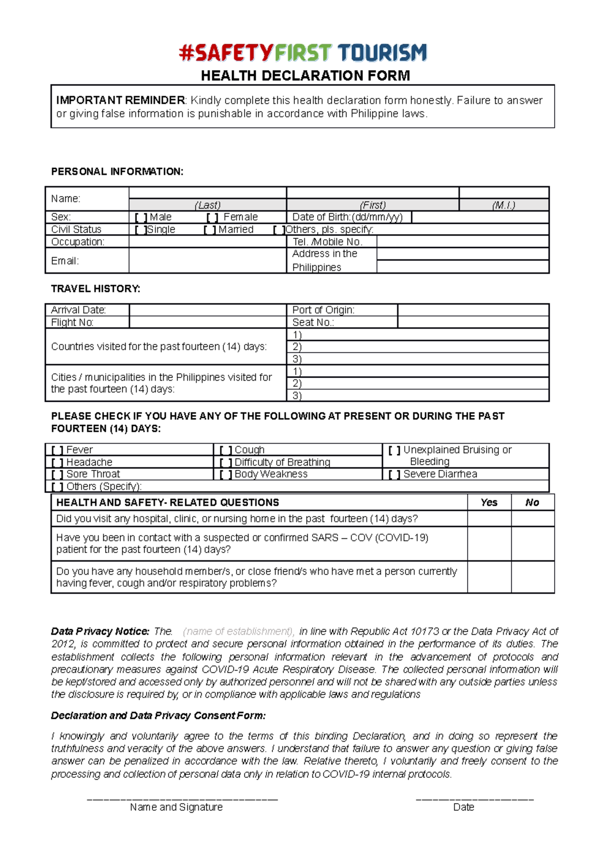 Dot health-declaration-form - BSED- Filipino - Studocu
