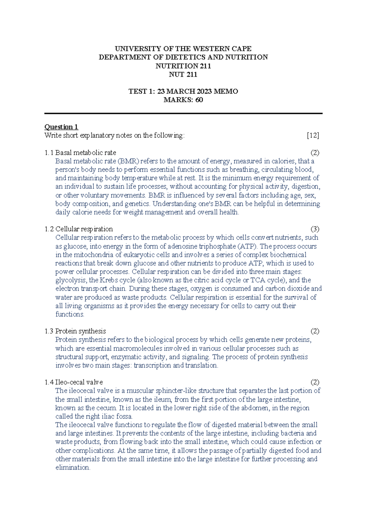 NUT211 test 1 memo[ 3559] - UNIVERSITY OF THE WESTERN CAPE DEPARTMENT ...