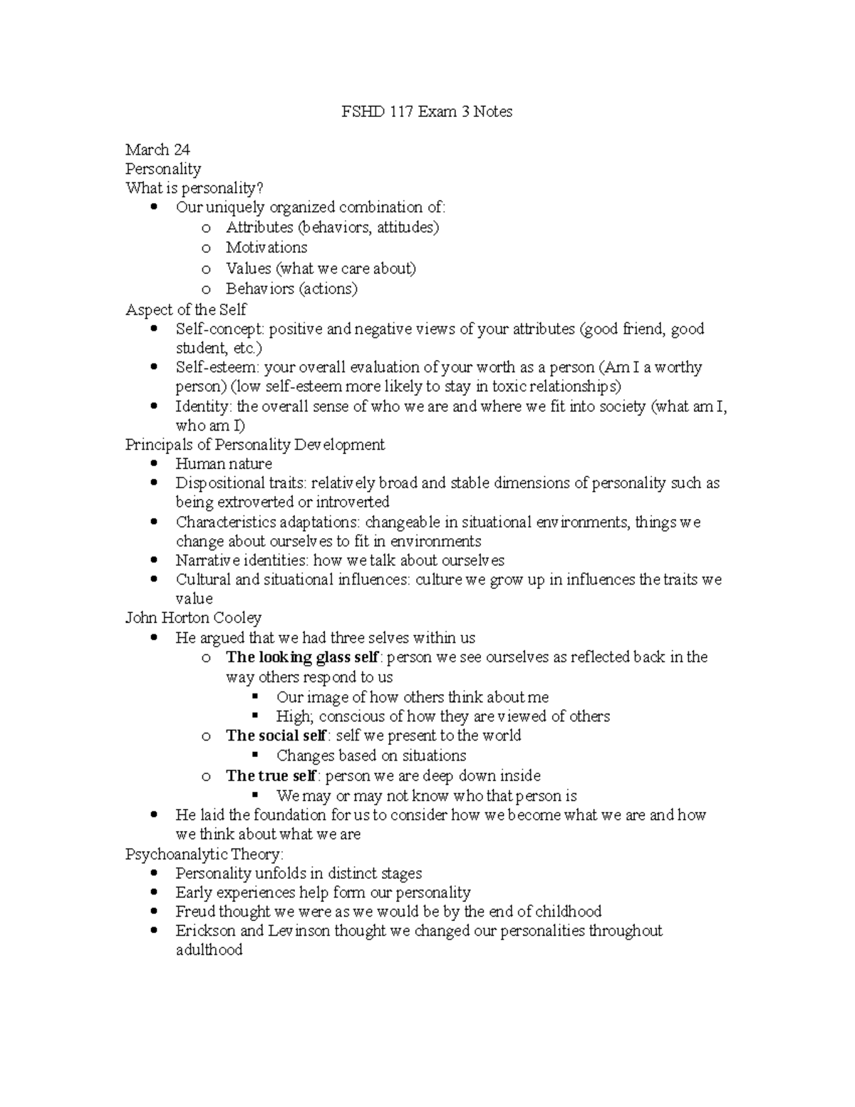 FSHD 117 Exam 3 Notes - FSHD 117 Exam 3 Notes March 24 Personality What ...