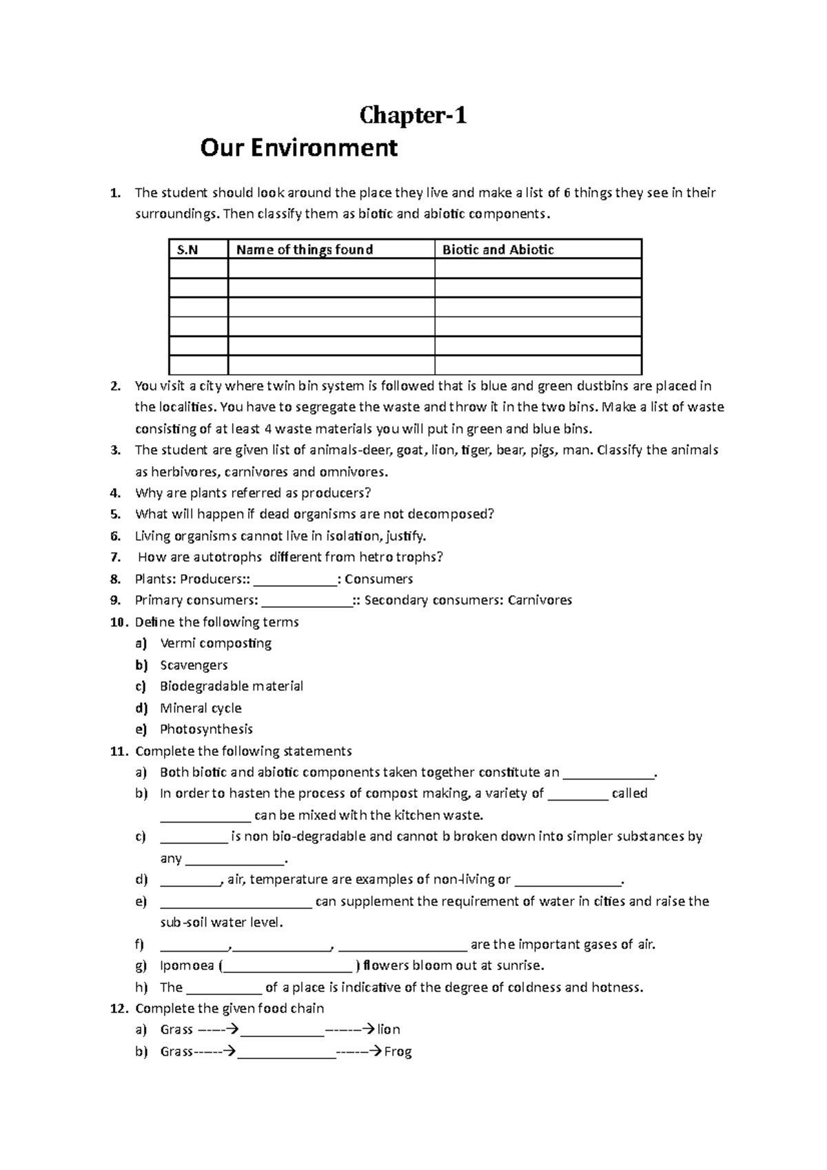 Class 6 Assignment- our environment. jpg - Chapter- Our Environment The ...