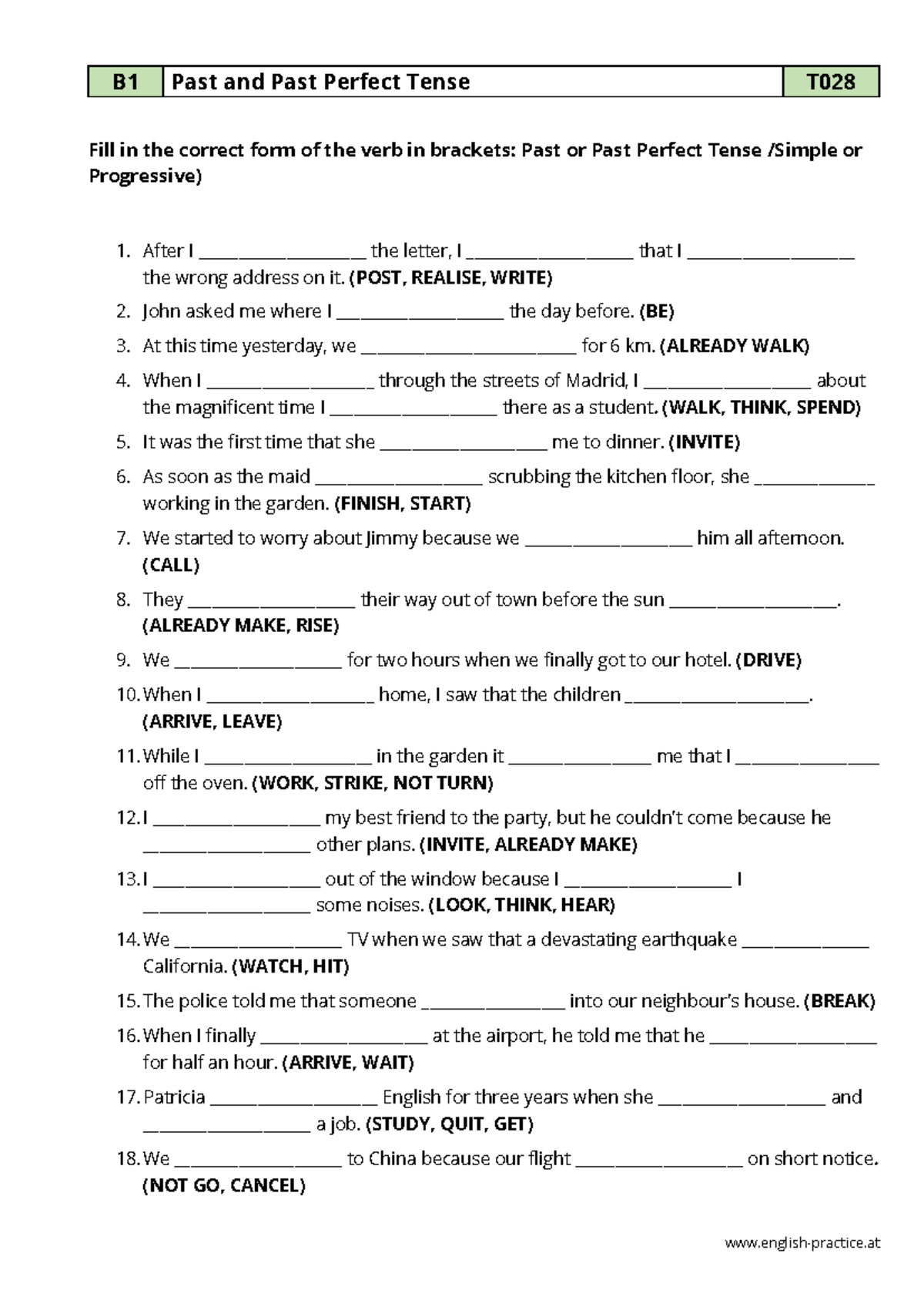 PP2 - None - english-practice B1 Past and Past Perfect Tense T 028 Fill ...