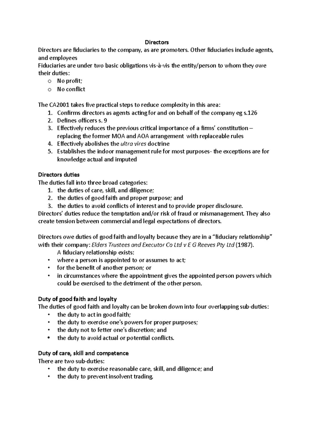 Directors - Lecture Notes - Directors Directors are fiduciaries to the ...