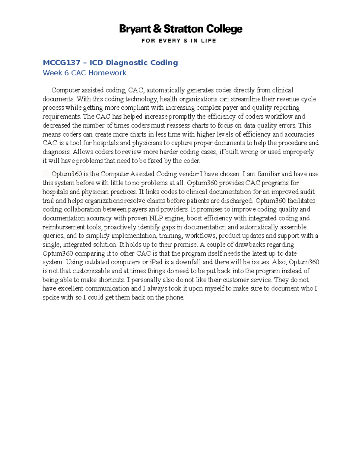 W6 CAC Homework - MCCG137 – ICD Diagnostic Coding Week 6 CAC Homework ...