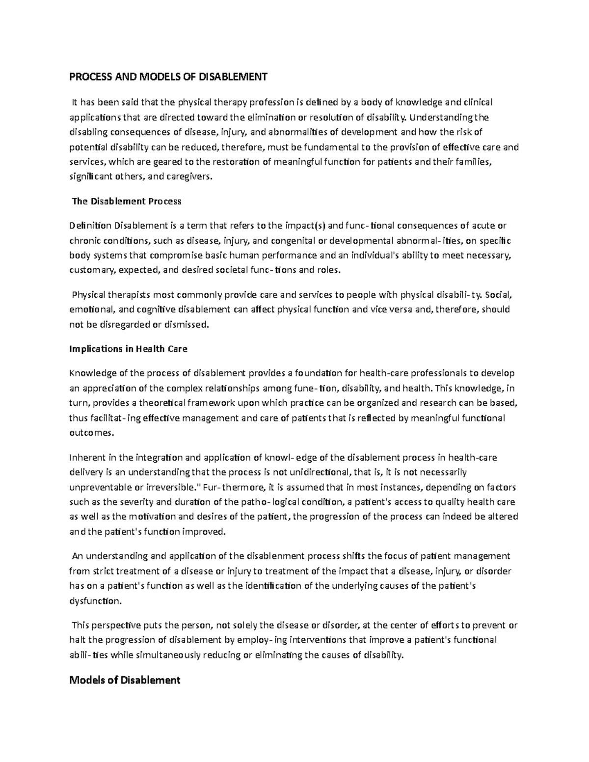 Process AND Models OF Disablement -WPS Office - PROCESS AND MODELS OF ...