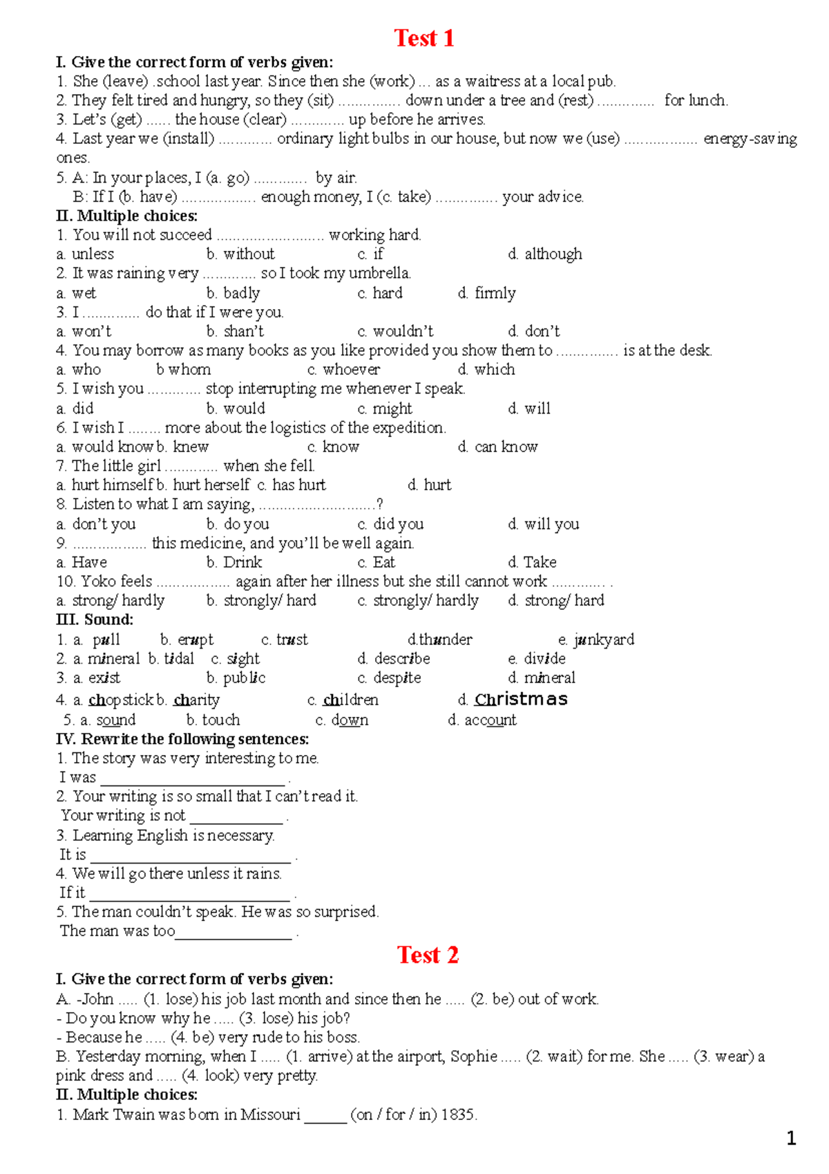 20 Luy n Thi V o L p 10 M n Ti ng Anh Test 1 I Give The Correct