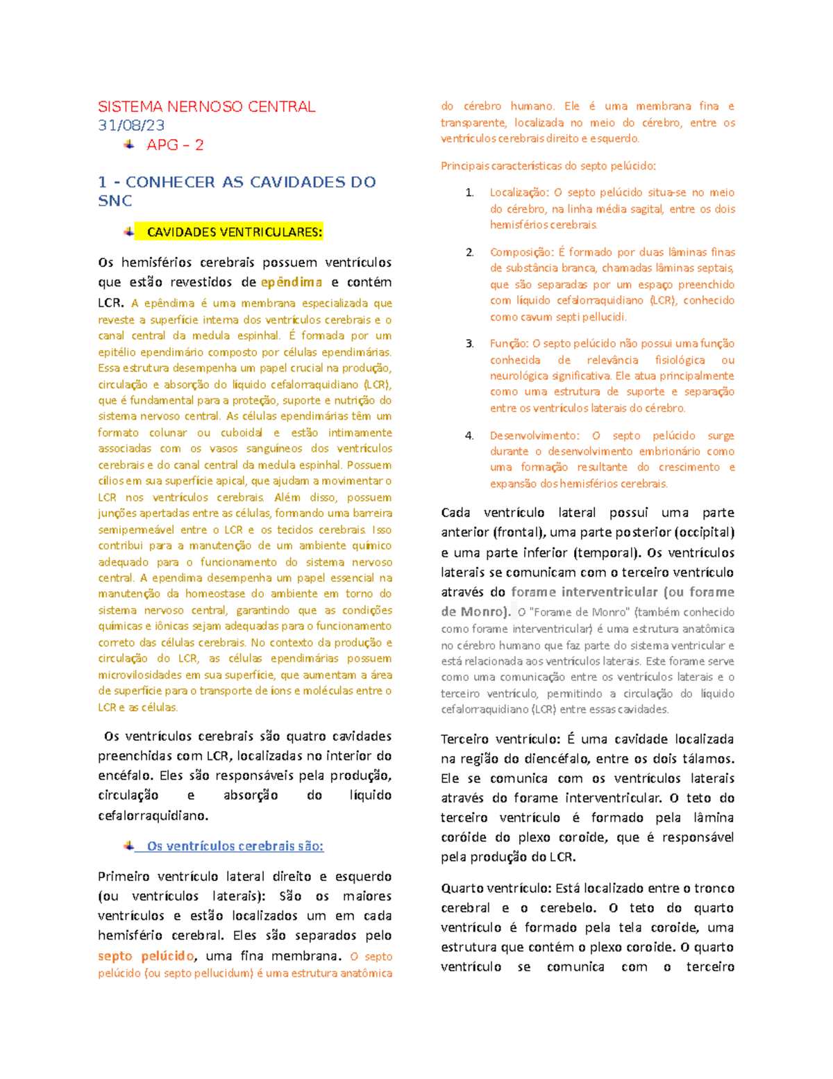 APG 2 - APG - SISTEMA NERNOSO CENTRAL 31/08/ APG – 2 1 - CONHECER AS CAVIDADES DO SNC CAVIDADES ...