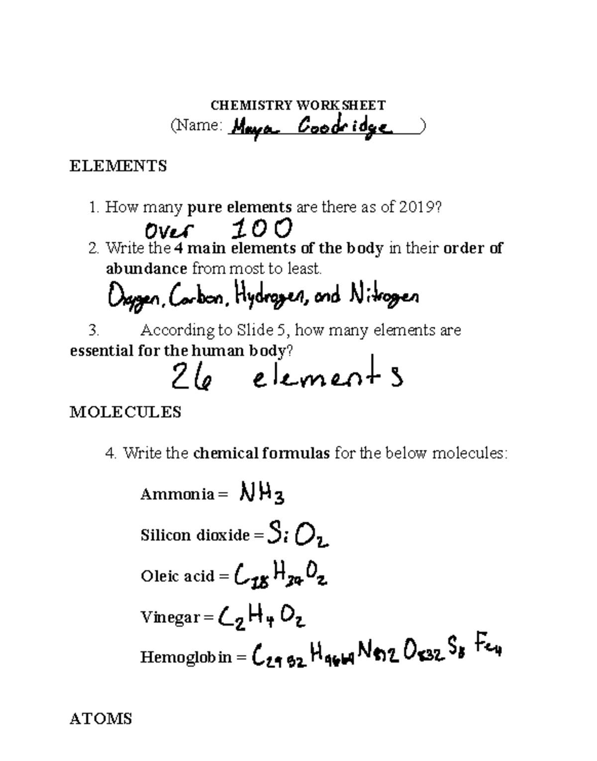 Intro to chemistry for A&P I - CHEMISTRY WORKSHEET (Name ...