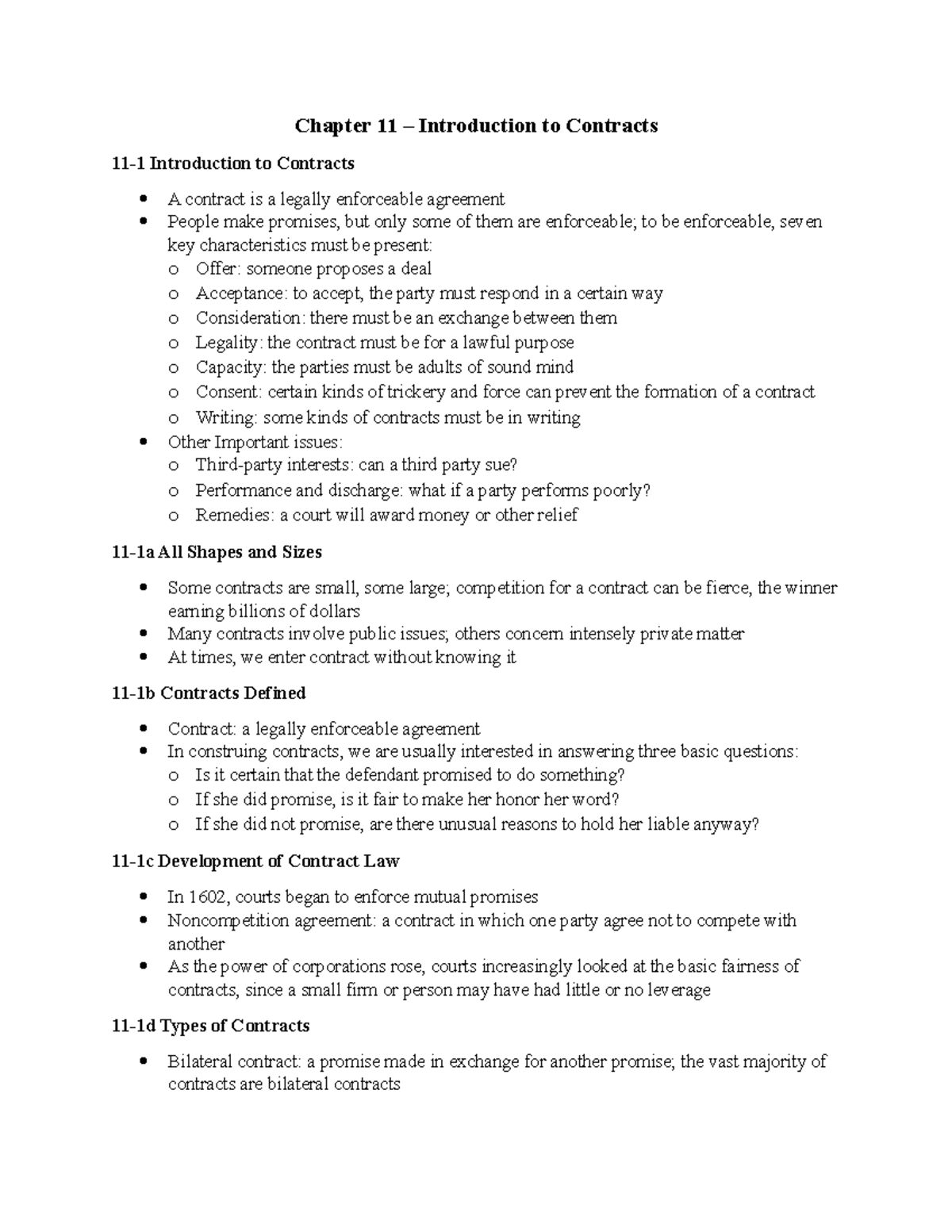 Intro To Contracts Lecture Notes On The Overview Of Contract Reading Chapter 11