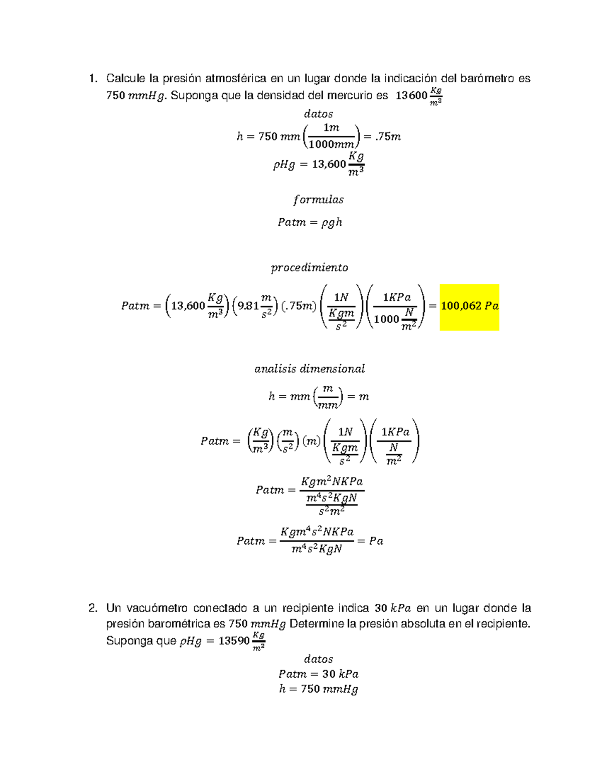 Ejercicios DE Presión Atmosférica - Calcule la presión atmosférica en ...