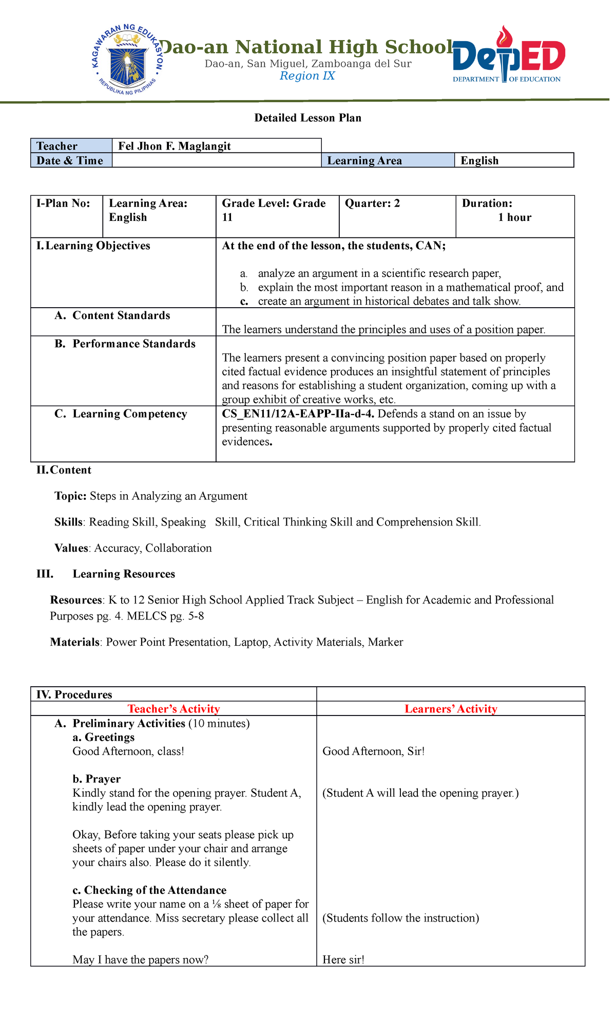 Lesson Plan about Steps in Analyzing an Argument - Dao-an National High ...