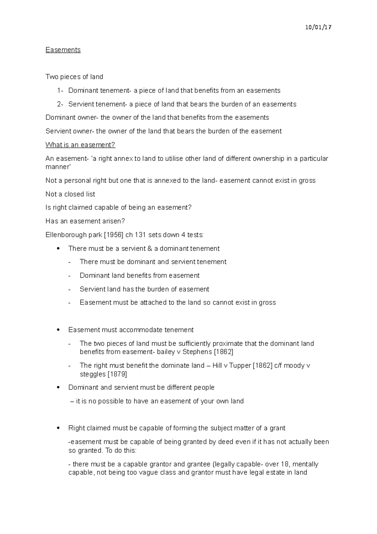 Easements in Land Law - 10/01/17 Easements Two pieces of land 1 ...
