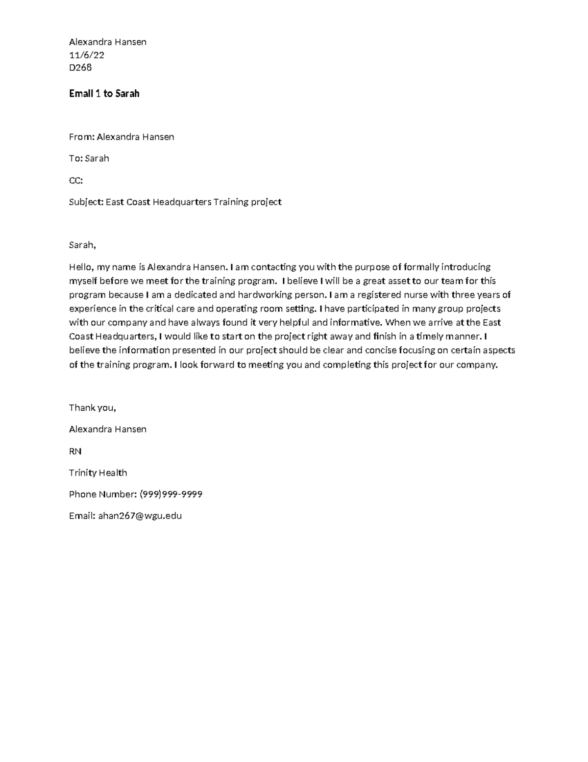 D268 assessment 1 - Professional communication email assignment - 11/6 ...
