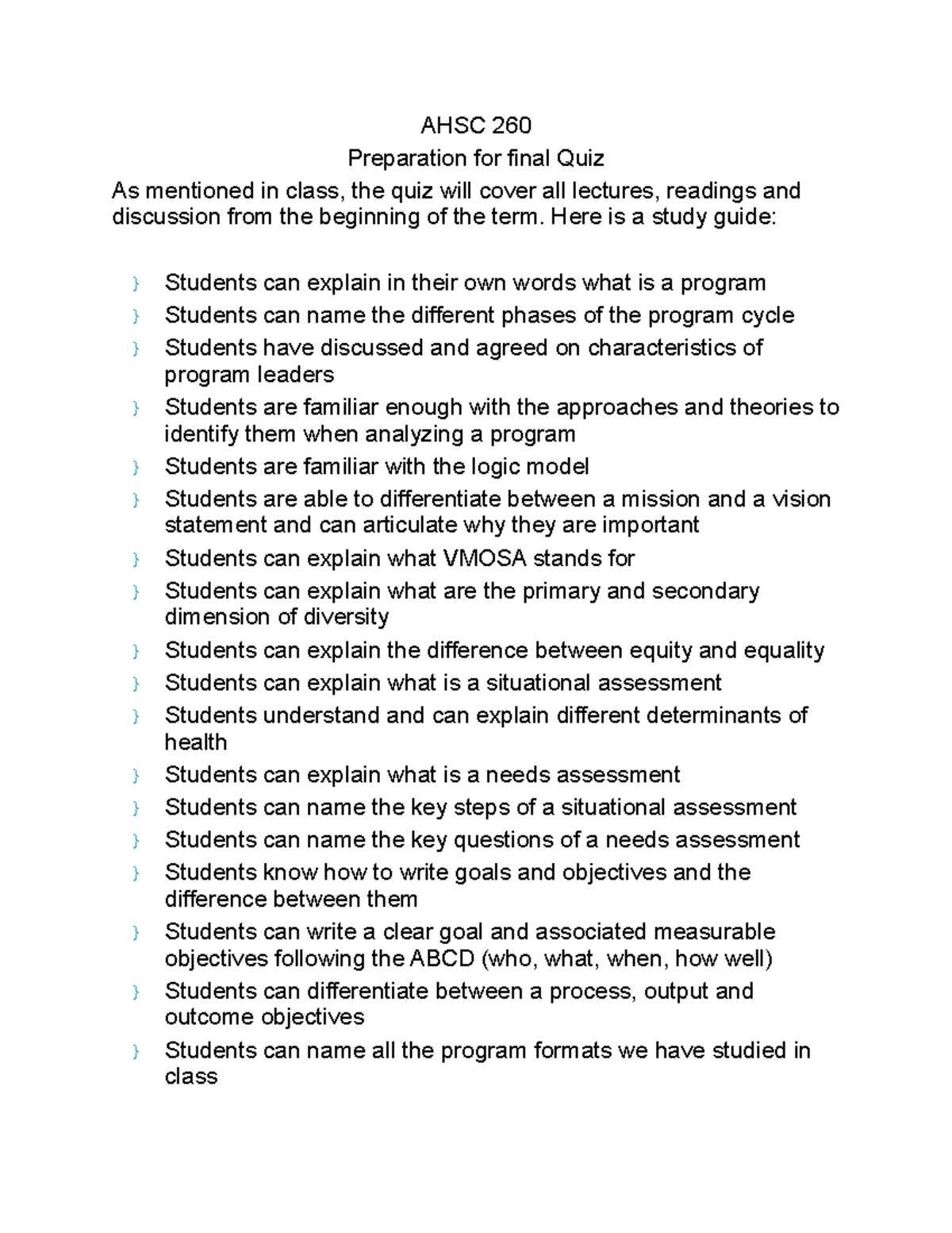 AHSC 260 Final Exam Prep Guide - AHSC 260 Preparation for final Quiz As ...