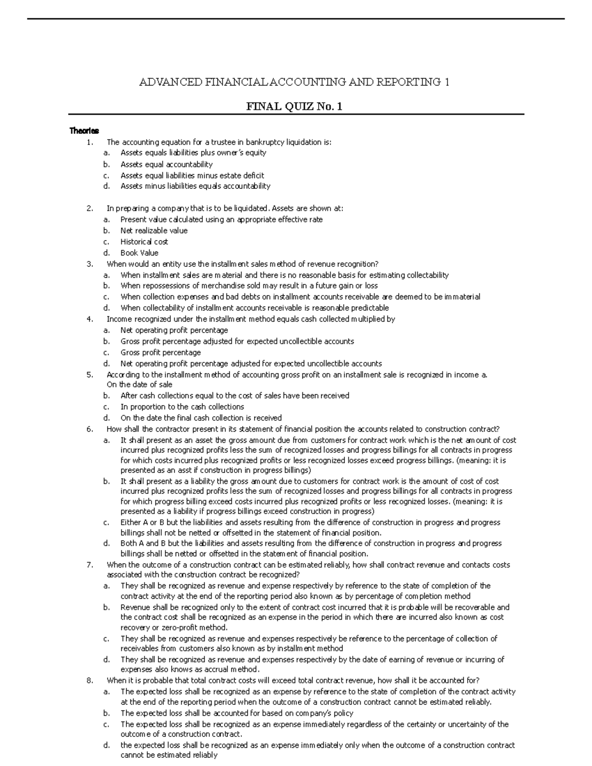 ADV FIN 1 Final Quiz Theories - ADVANCED FINANCIAL ACCOUNTING AND ...