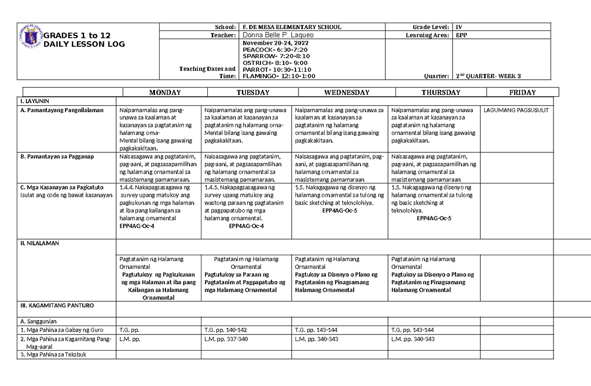 DLL EPP 4 Q2 W3 - GRADES 1 to 12 DAILY LESSON LOG School: F. DE MESA ...