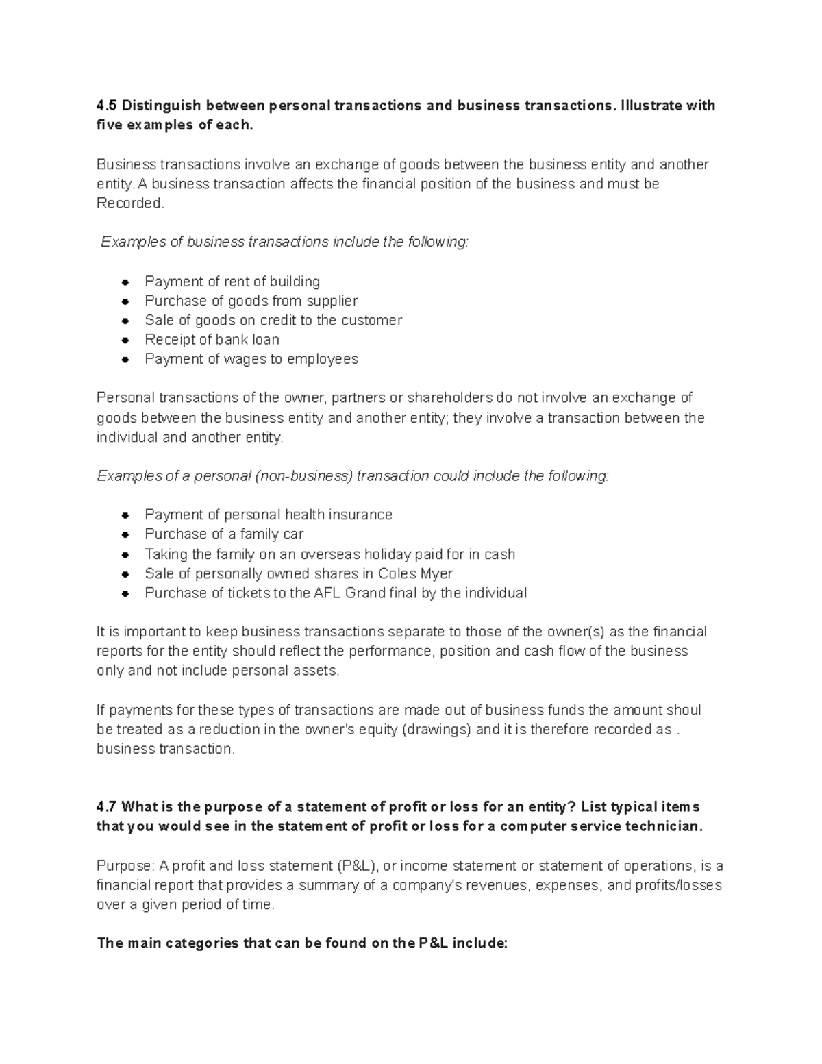 Week 3 tutorial question - 4 Distinguish between personal transactions ...