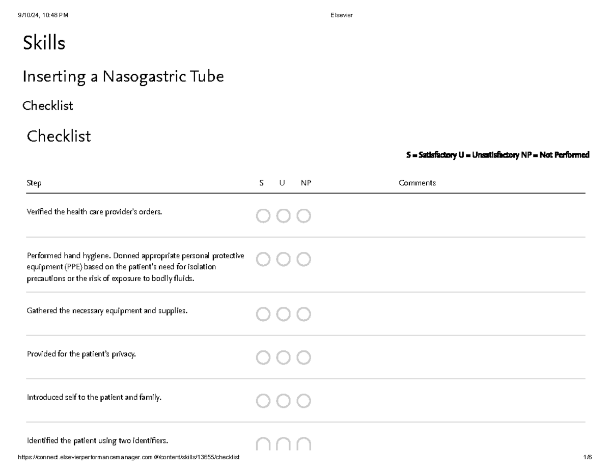 Elsevier - Notes - Skills Inserting a Nasogastric Tube Checklist ...