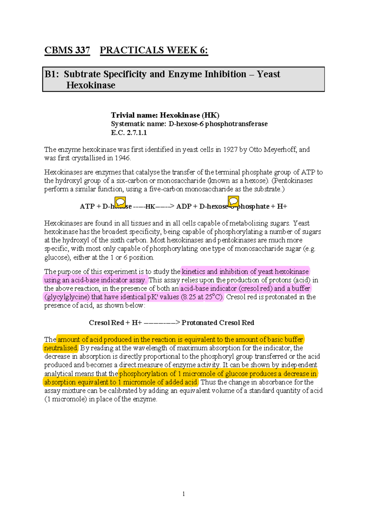 Week 6 - Prac B1 - Enzyme inhibition - Yeast hexokinase - CBMS 337 ...