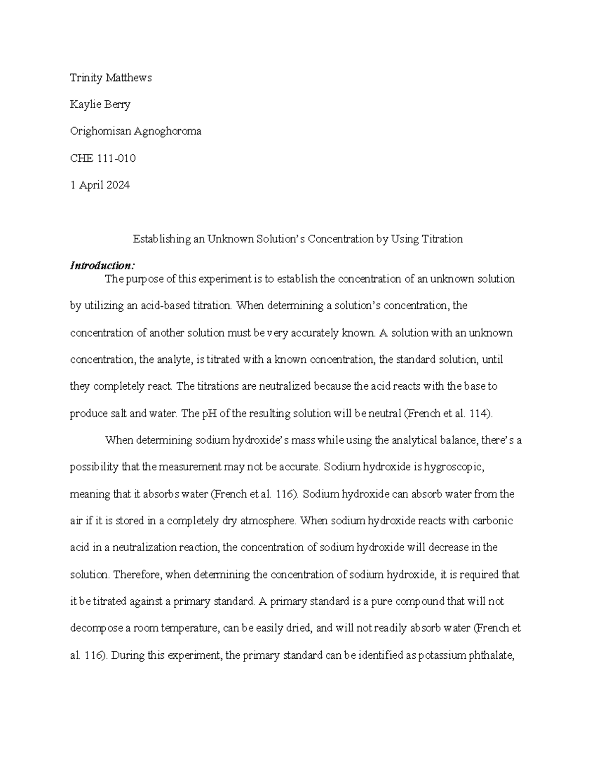 Experiment 7 CHE 111 - Trinity Matthews Kaylie Berry Orighomisan ...