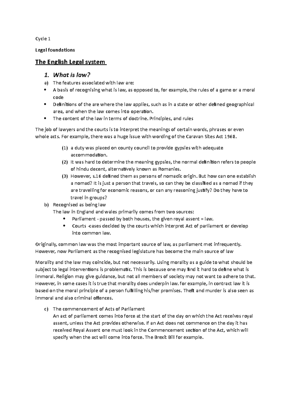 Cycle 1- notes - Cycle 1 Legal foundations The English Legal system 1 ...