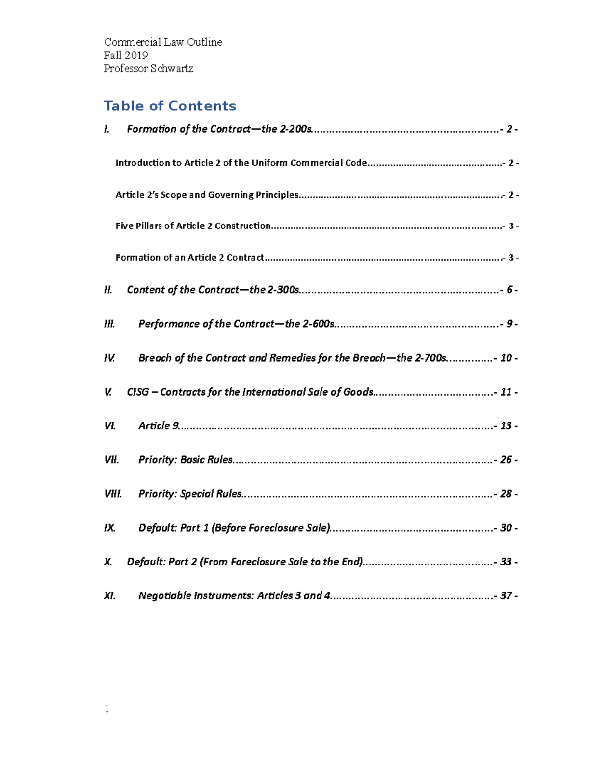 Commercial Law Outline - Fall 2019 Professor Schwartz Table of Contents ...