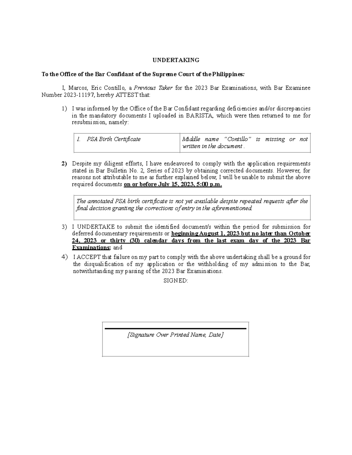 Sample Undertaking - Returned Documents - UNDERTAKING To the Office of ...