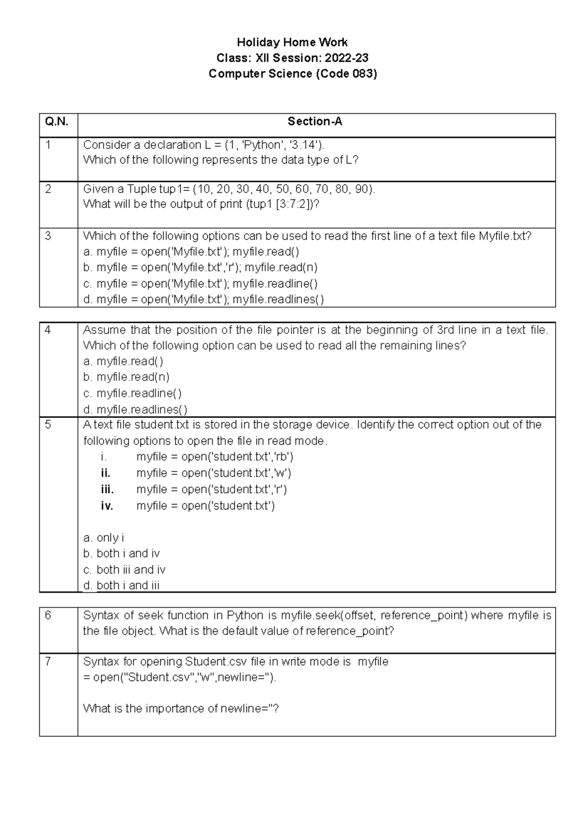 Computer Science Hhw Cs Assignment Holiday Home Work Class Xii Session 2022 Computer