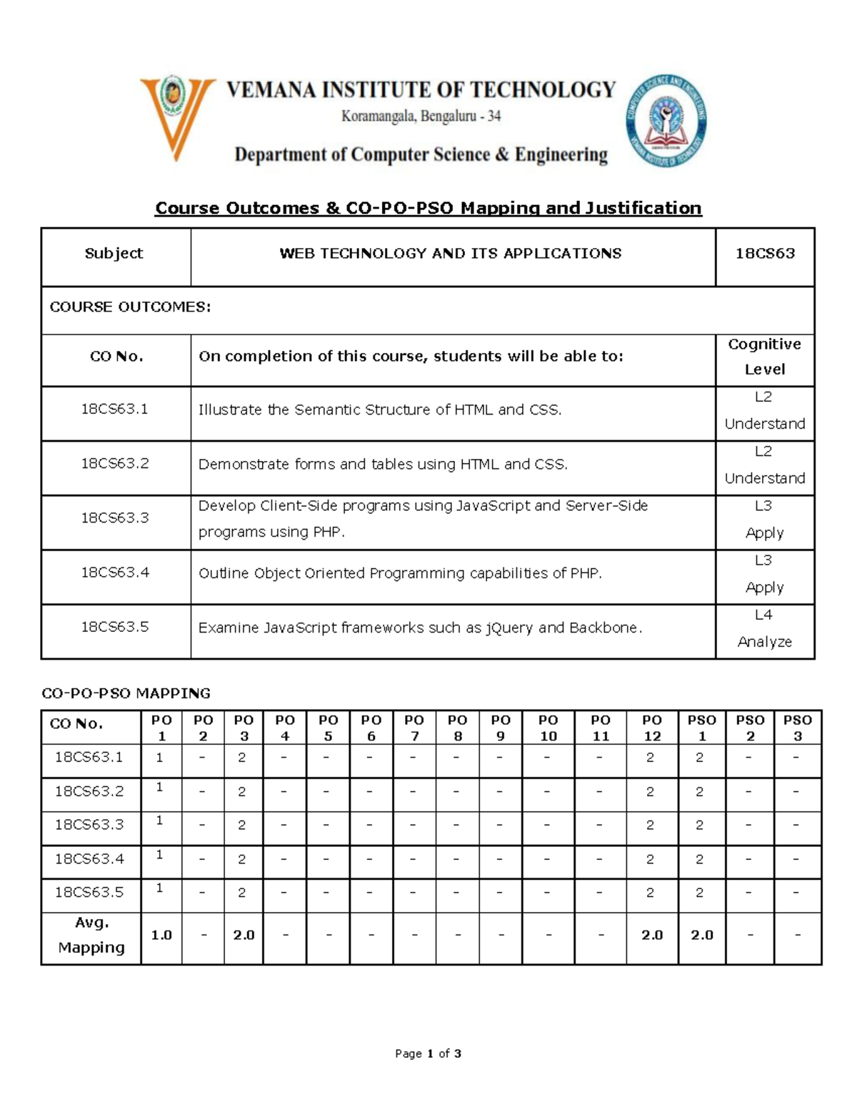 Justification - notes - Page 1 of 3 Course Outcomes & CO-PO-PSO Mapping ...