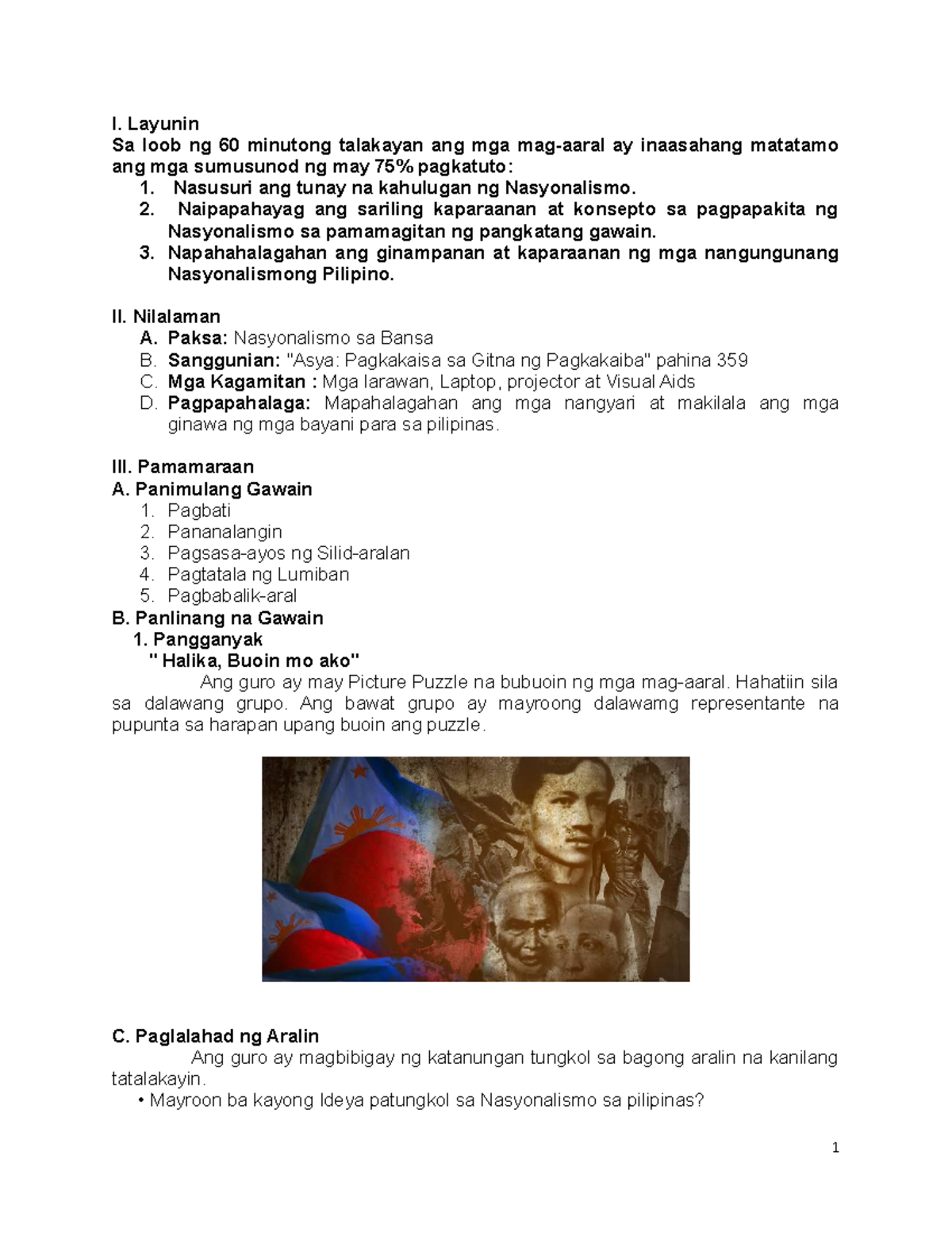 (SEMI Lesson plan) - N/A - I. Layunin Sa loob ng 60 minutong talakayan ...