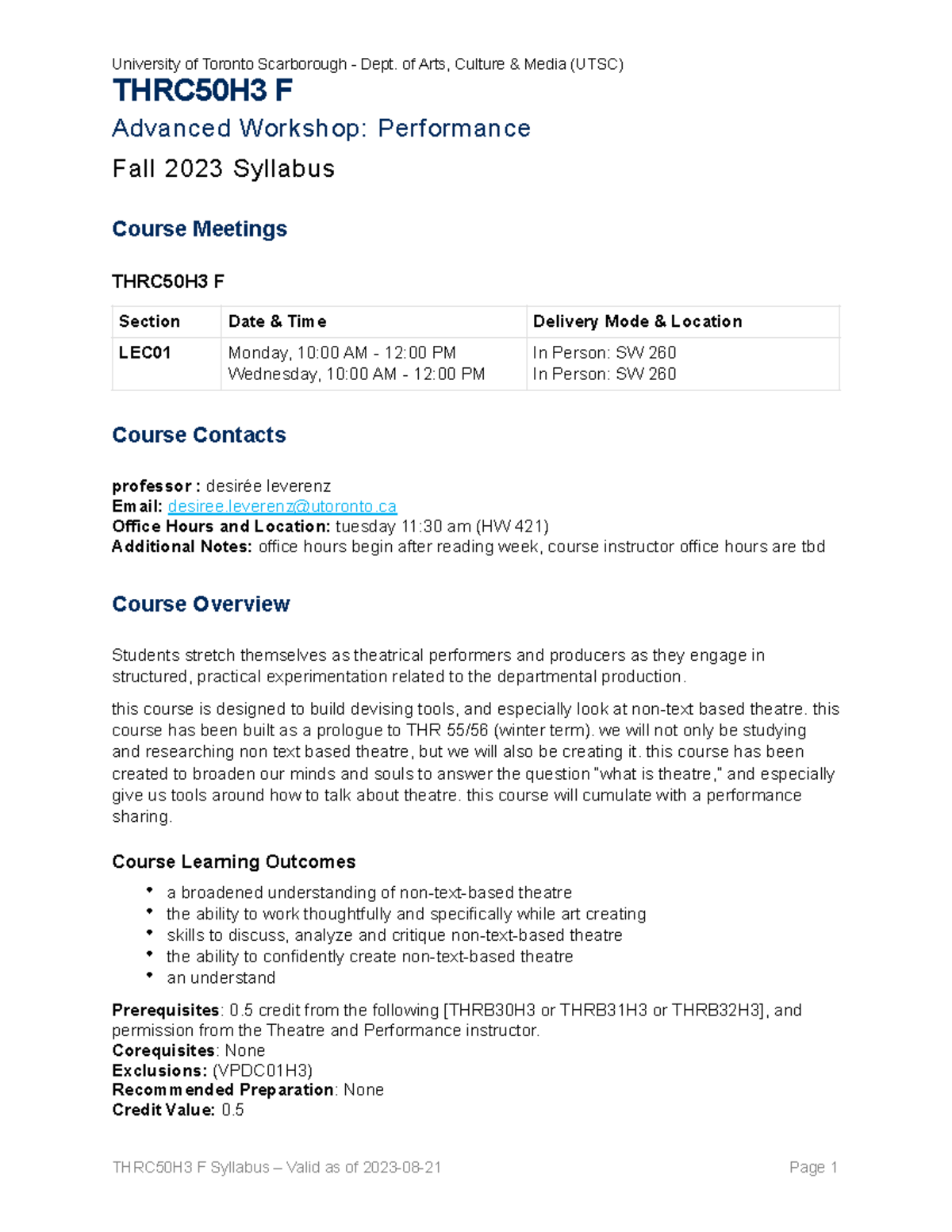 THRC50 H3F-2023 Fall Syllabus-20230821 - University of Toronto ...