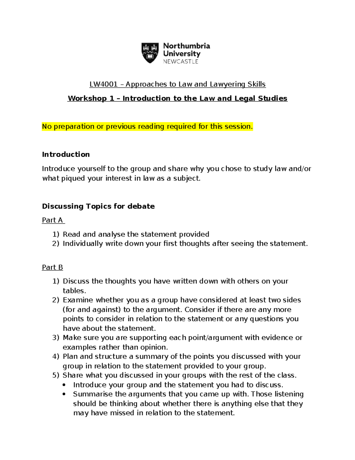 Workshop 1 – Introduction to the Law and Legal Studies(1) - LW4001 ...