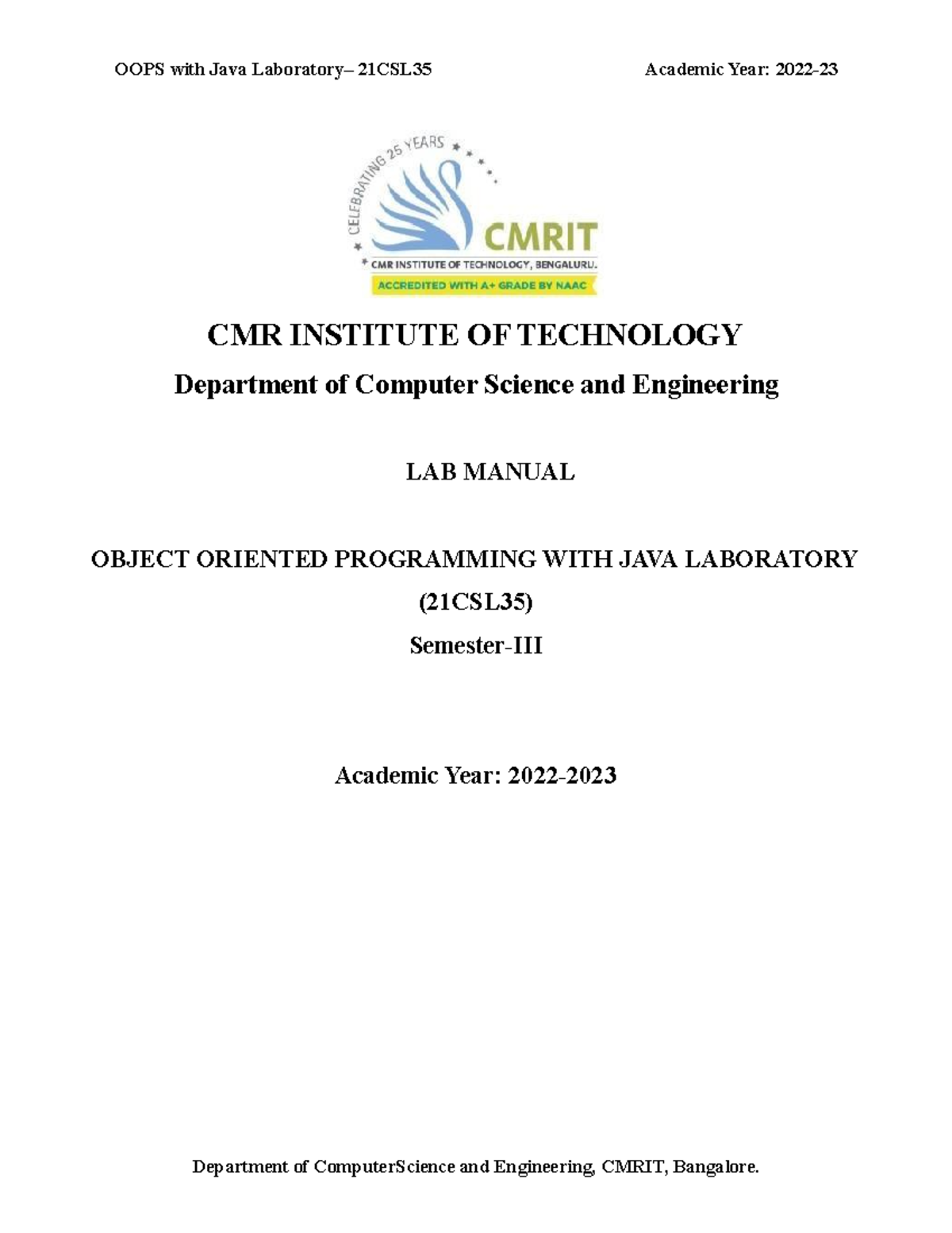 21CSL35-OOPS LAB - lab manual - CMR INSTITUTE OF TECHNOLOGY Department of Computer Science and ...
