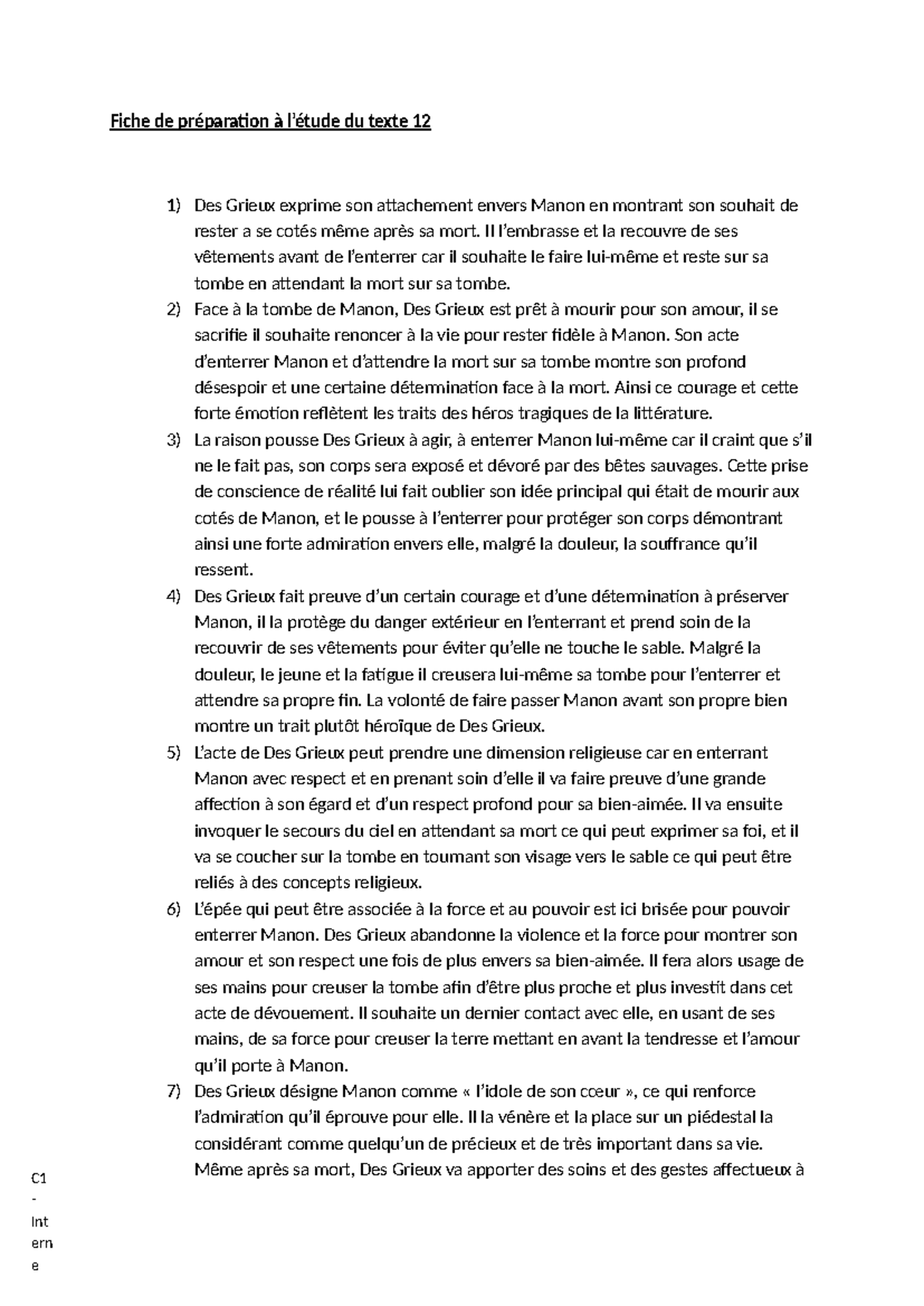 Questions préparatoire texte 12 - C - Int ern e Fiche de préparation à ...