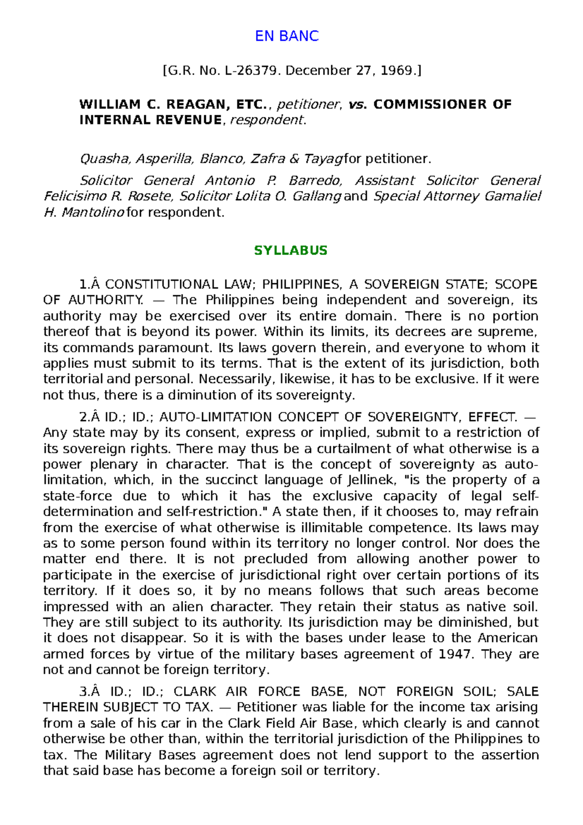 9. Reagan v. Commissioner of Internal Revenue - EN BANC [G. No. L-26379. December 27, 1969 ...