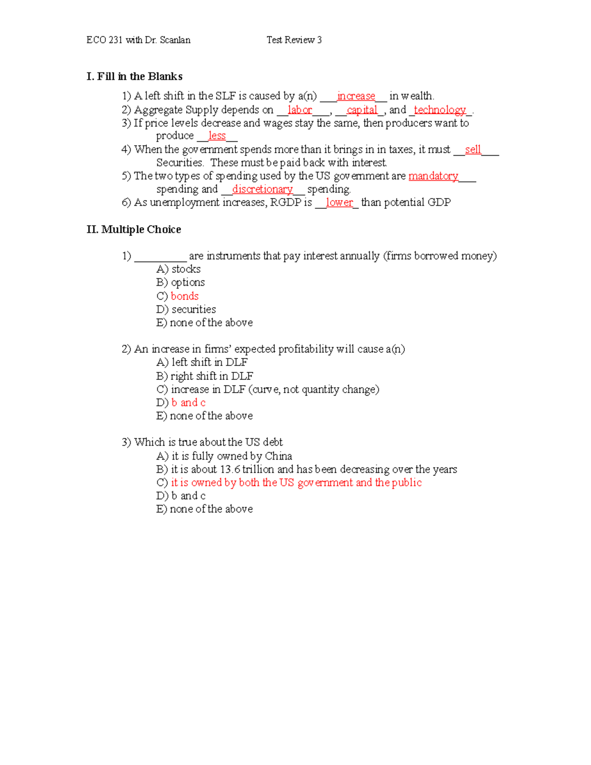 Eco 231 Test 3 Review MC Key[111017 ] - I. Fill in the Blanks A left ...