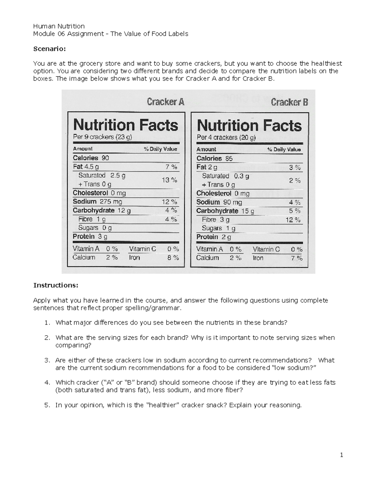 Food Label Worksheet - Human Nutrition Module 06 Assignment - The Value ...