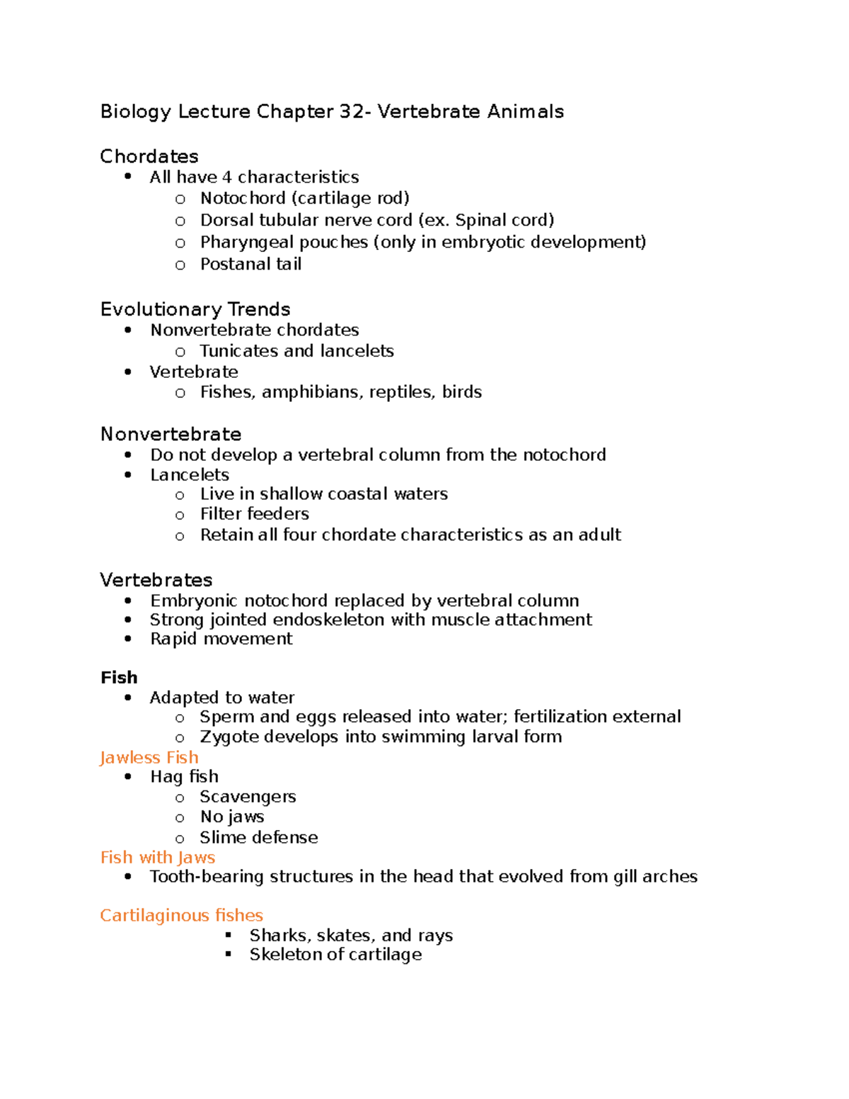 Biology Lecture Chapter 31- Vertebrate Animals - Biology Lecture ...