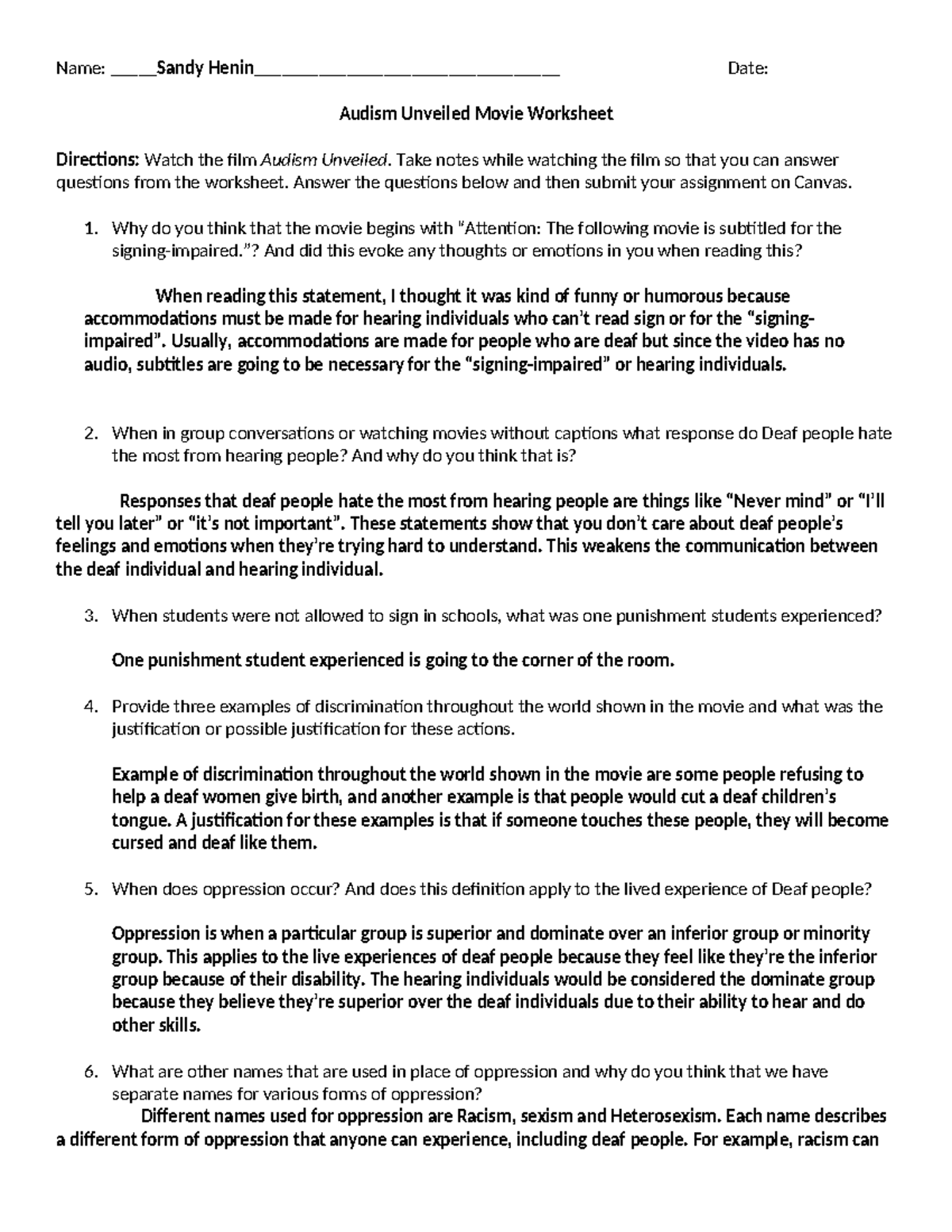 Audism Unveiled Worksheet - Name: Sandy Henin ...