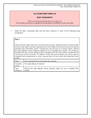 SCL 2020 - SCL WORKSHEET WEEK 5- SCL WORKSHEET WEEK 5- BODY PARAGRAPH ...