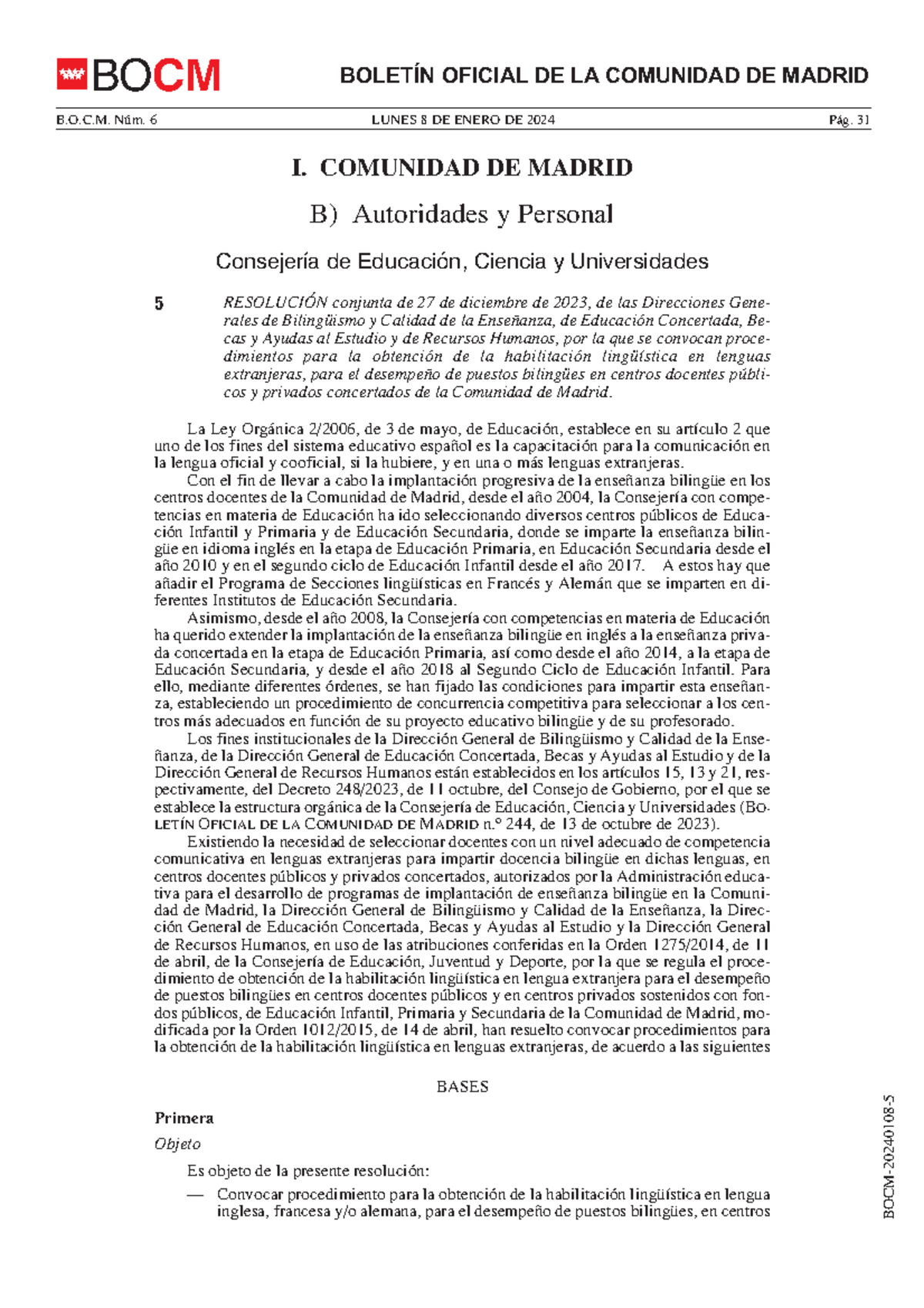 BOCM-20240108-5 - B.O.C. Núm. 6 LUNES 8 DE ENERO DE 2024 Pág. 31 BOCM I ...