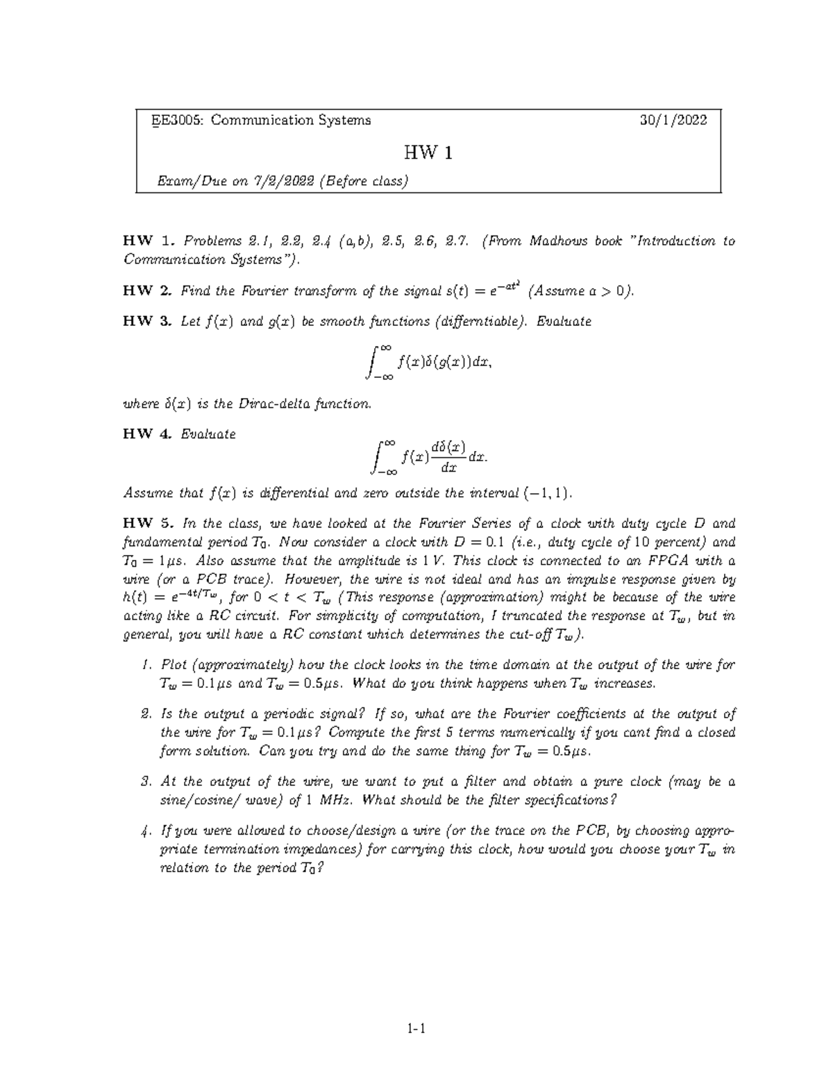 Communication Systems Course , Tutorial One - E ̄ E3005: Communication ...