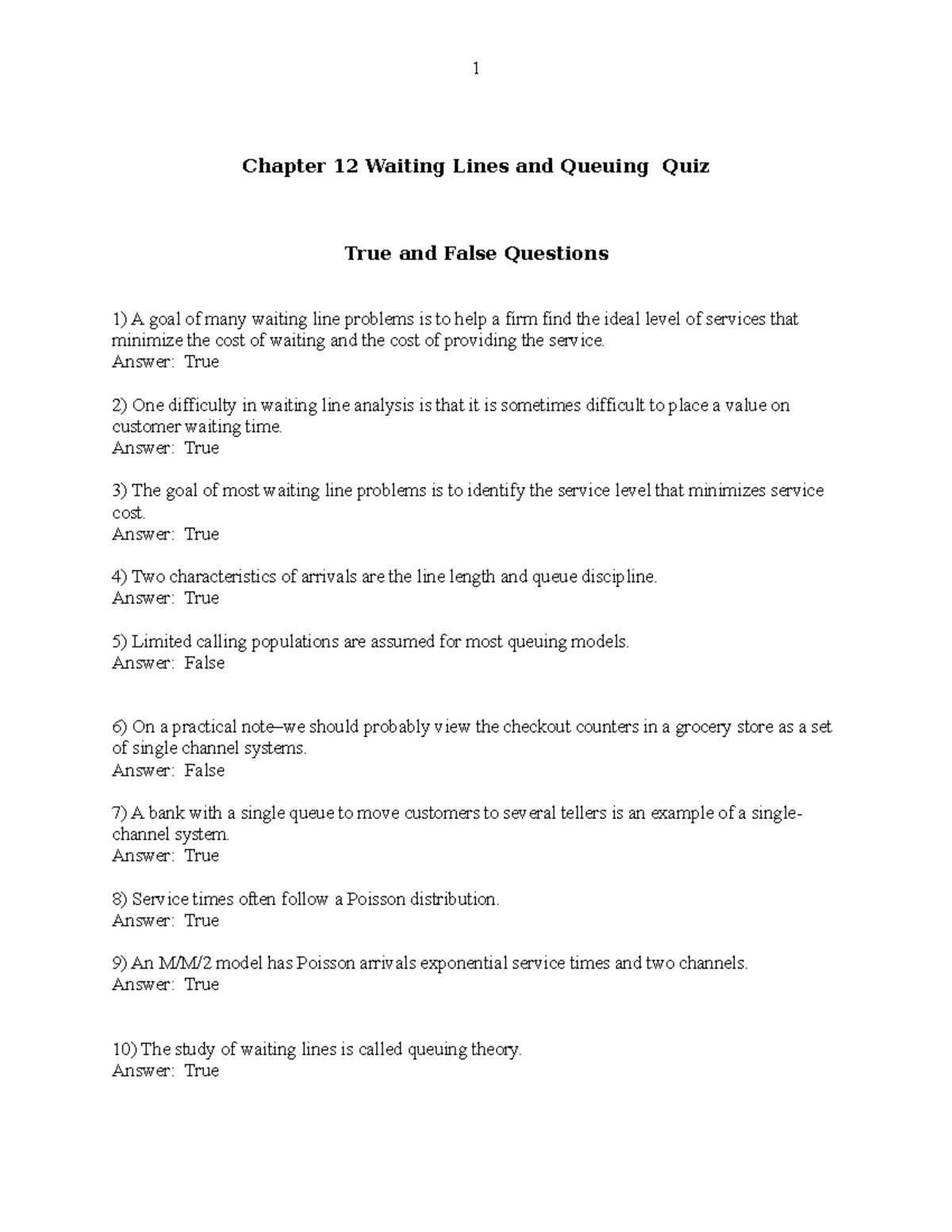 Ch.12 MC Questions - chapter 12 qs - Chapter 12 Waiting Lines and ...