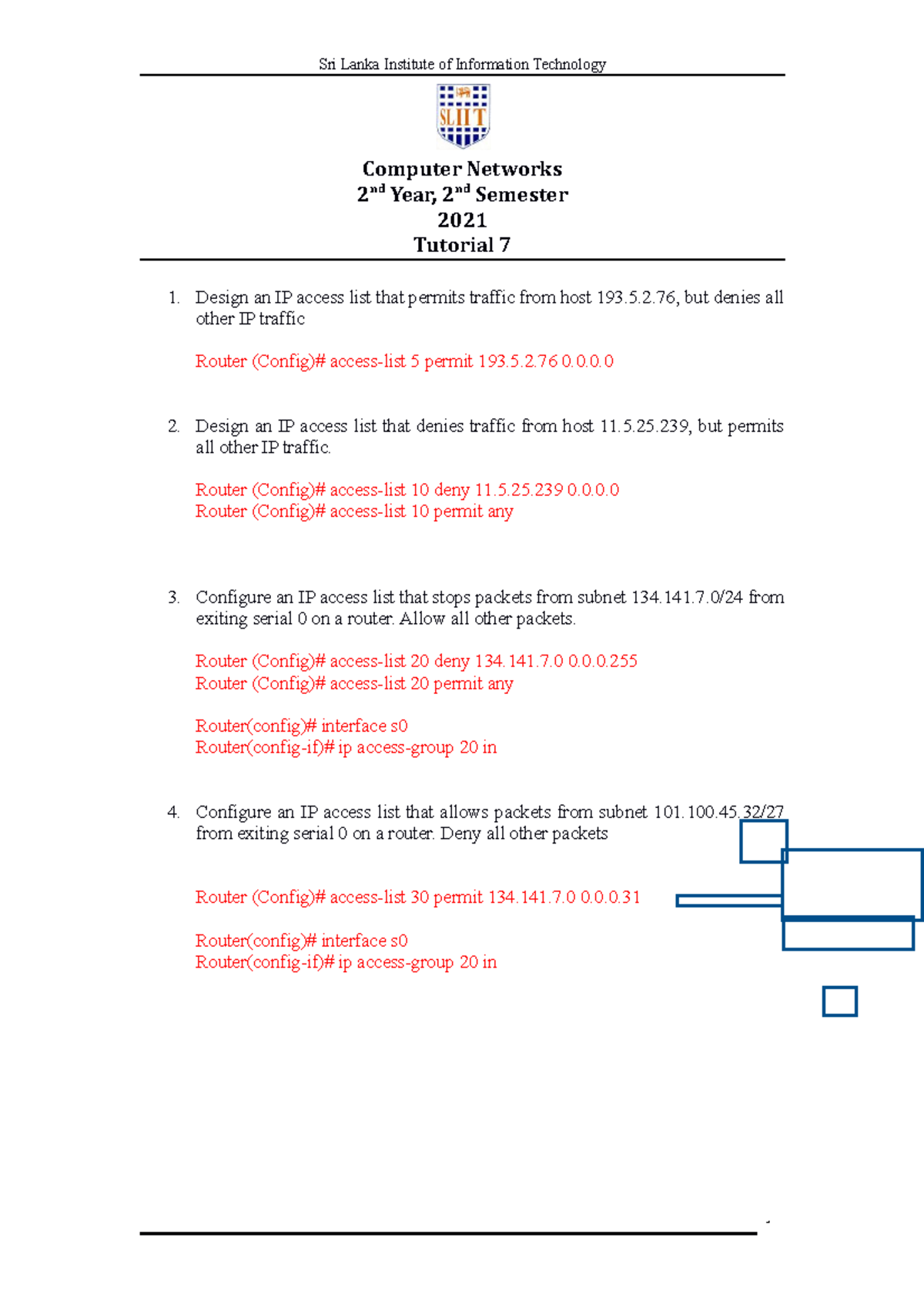 Tute 07 - nooooooo - Sri Lanka Institute of Information Technology Computer Networks 2 nd Year ...