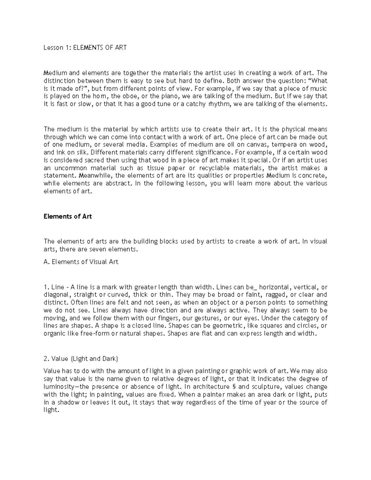 Elements-OF-ARTS - Elements-OF-ARTS - Lesson 1: ELEMENTS OF ART Medium ...