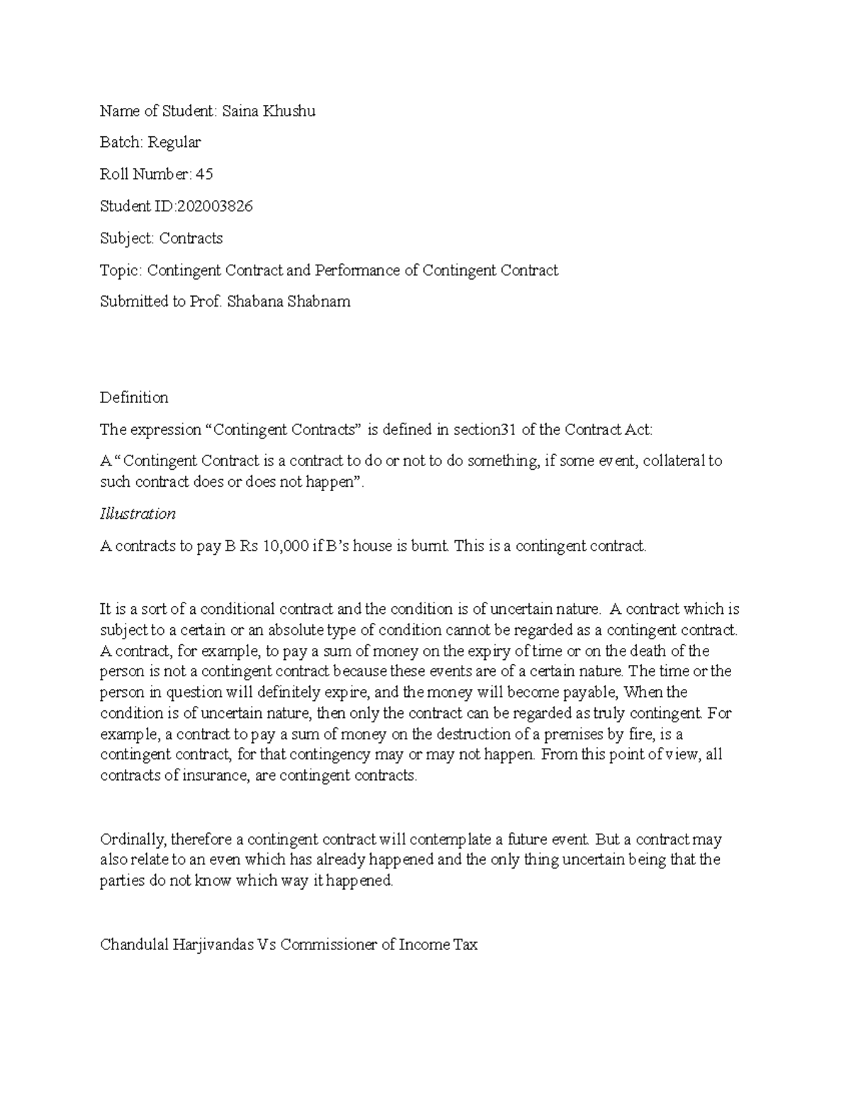 Contingent contract - Shabana Shabnam Definition The expression ...