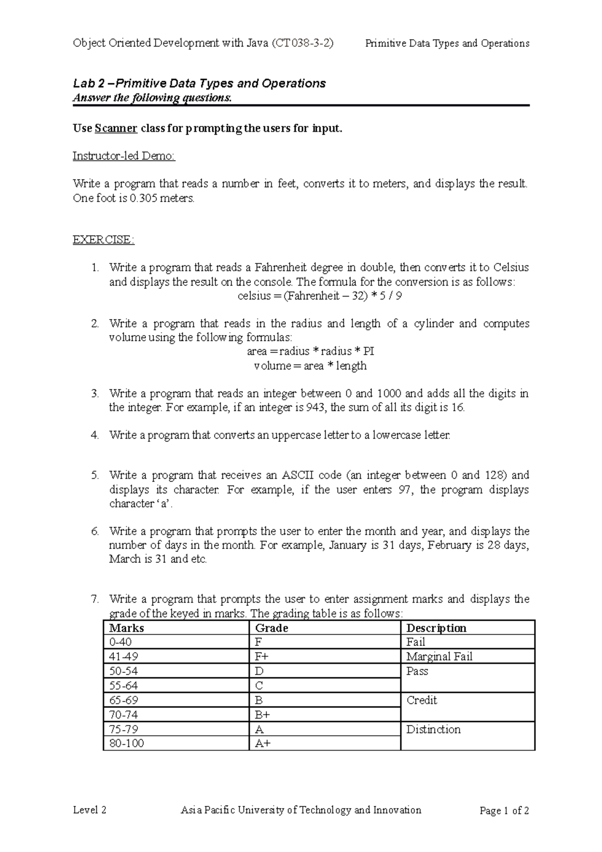 Tutorial Lab-2 - Object Oriented Development with Java (CT038-3-2) Primitive Data Types and ...