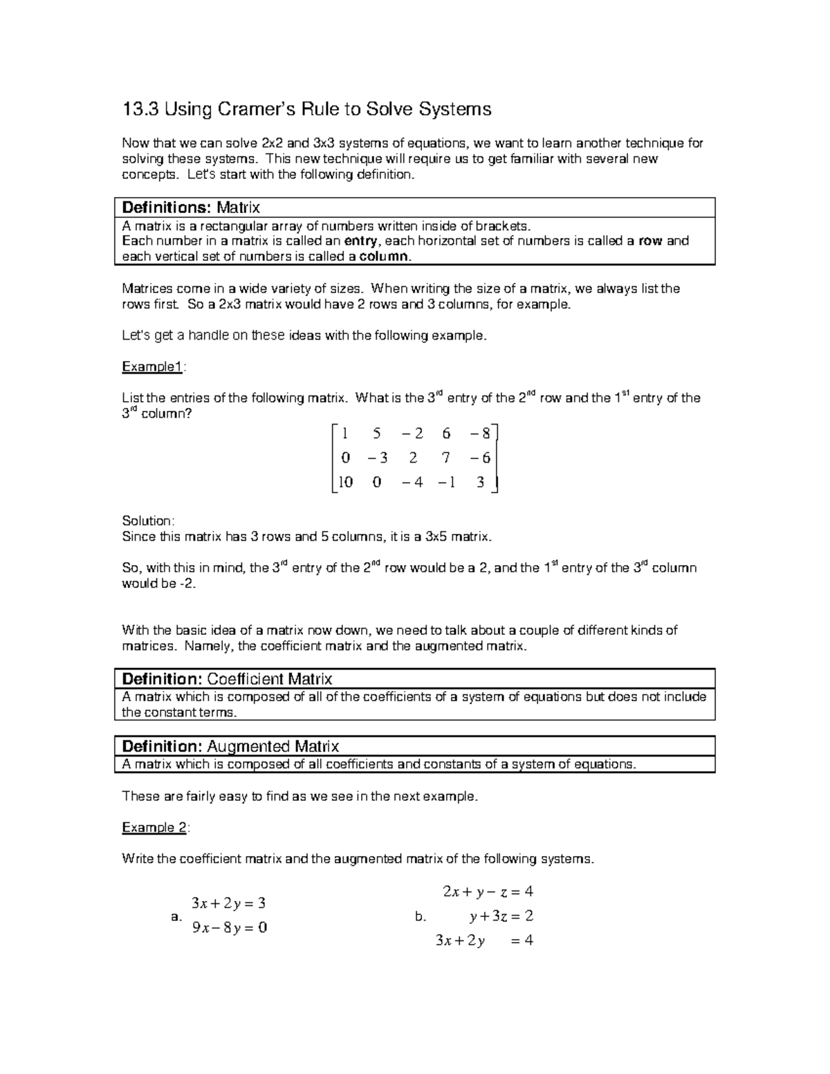 13 3 - Student notes - 13 Using Cramer’s Rule to Solve Systems Now that ...