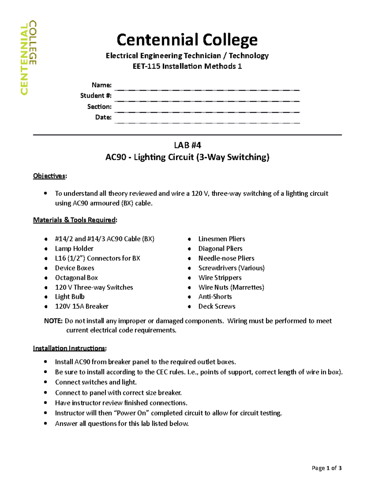 EET-115 Lab 4 - Four-way Switch Using AC90 - Centennial College Electrical Engineering ...