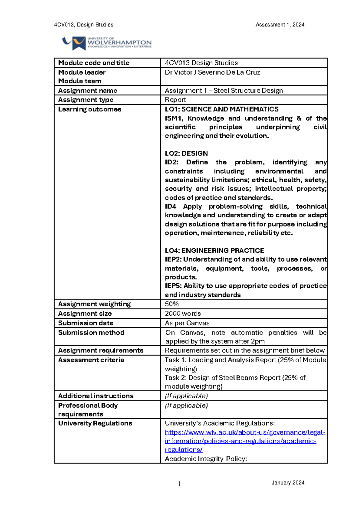 4CV013 Assessment 1 - Steel Design (23-24) - Module code and title 4 CV0 13 Design Studies ...