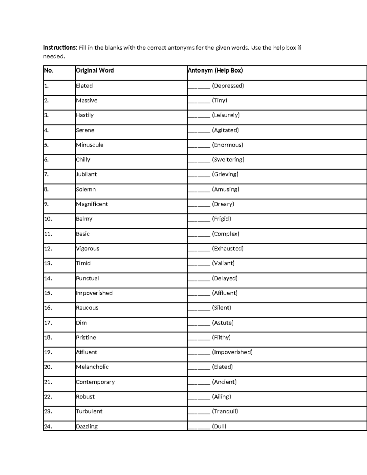 Vocab 4 - Instructions: Fill in the blanks with the correct antonyms ...